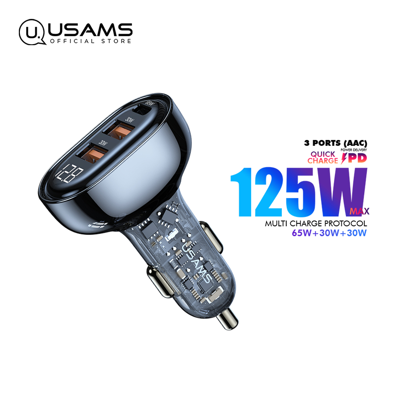 USAMS Icicle Series 125W 3 Port Transparent Digital Display Fast Car ...