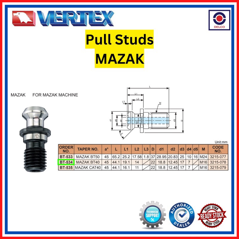 VERTEX TAIWAN PULL STUDS FOR MAZAK MACHINE BT40 45degree | Shopee Malaysia