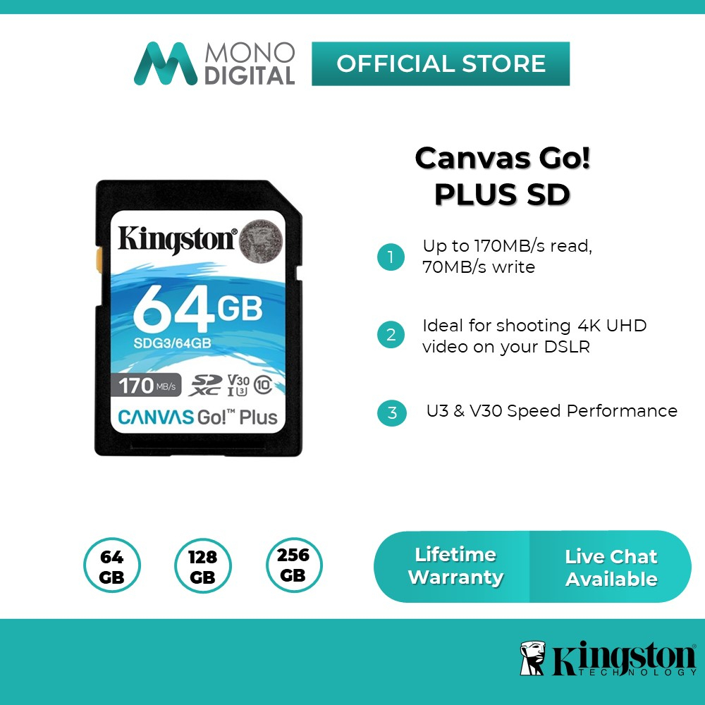Kingston Canvas Go PLUS SDG3 SD Class 10 UHS-I SDXC Memory Card (64GB ...