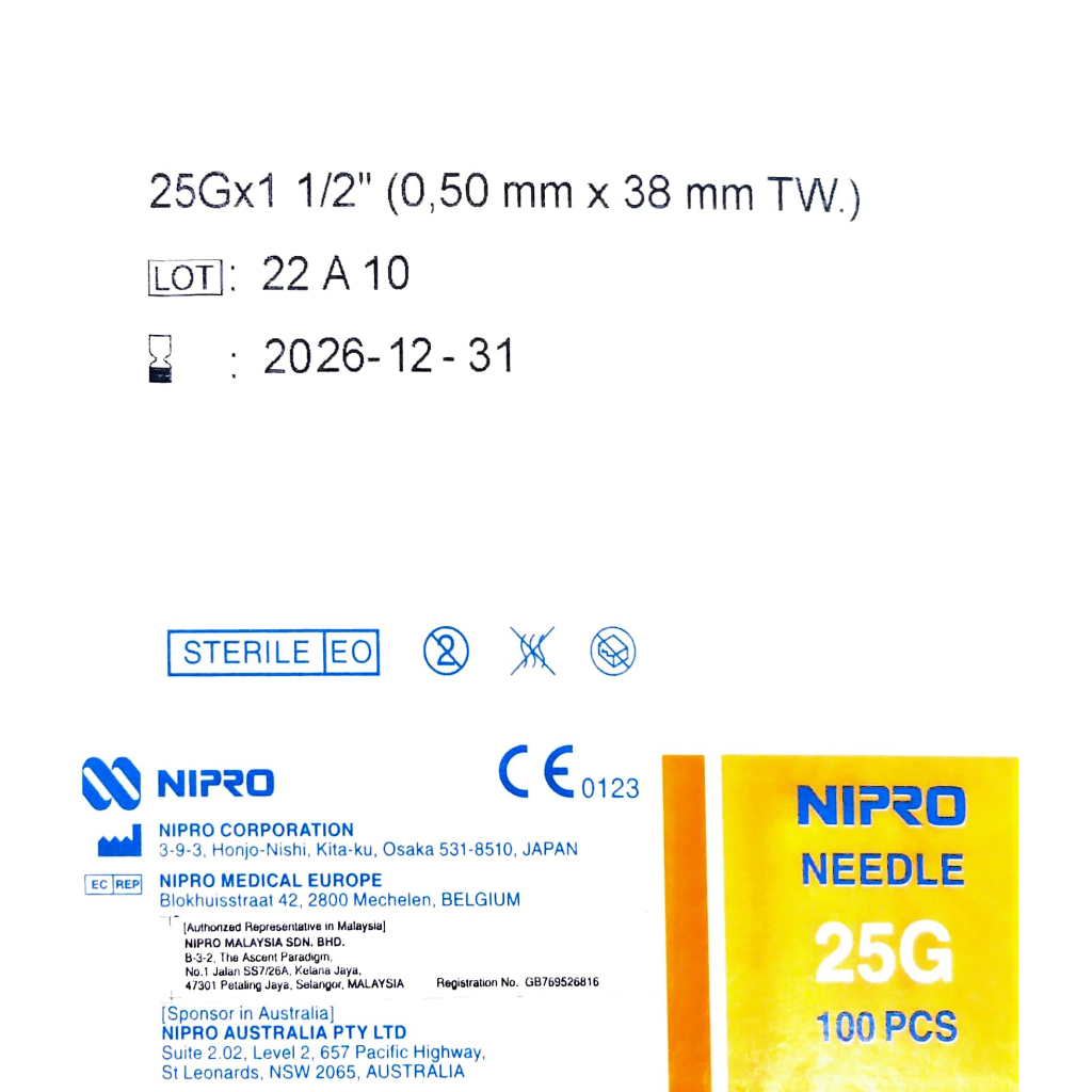 NIPRO NEEDLE 25G X 1 1/2 INCH (38MM) - 100'S 10 BOXES/PACK EXPIRY 2026 READY STOCK | Shopee Malaysia