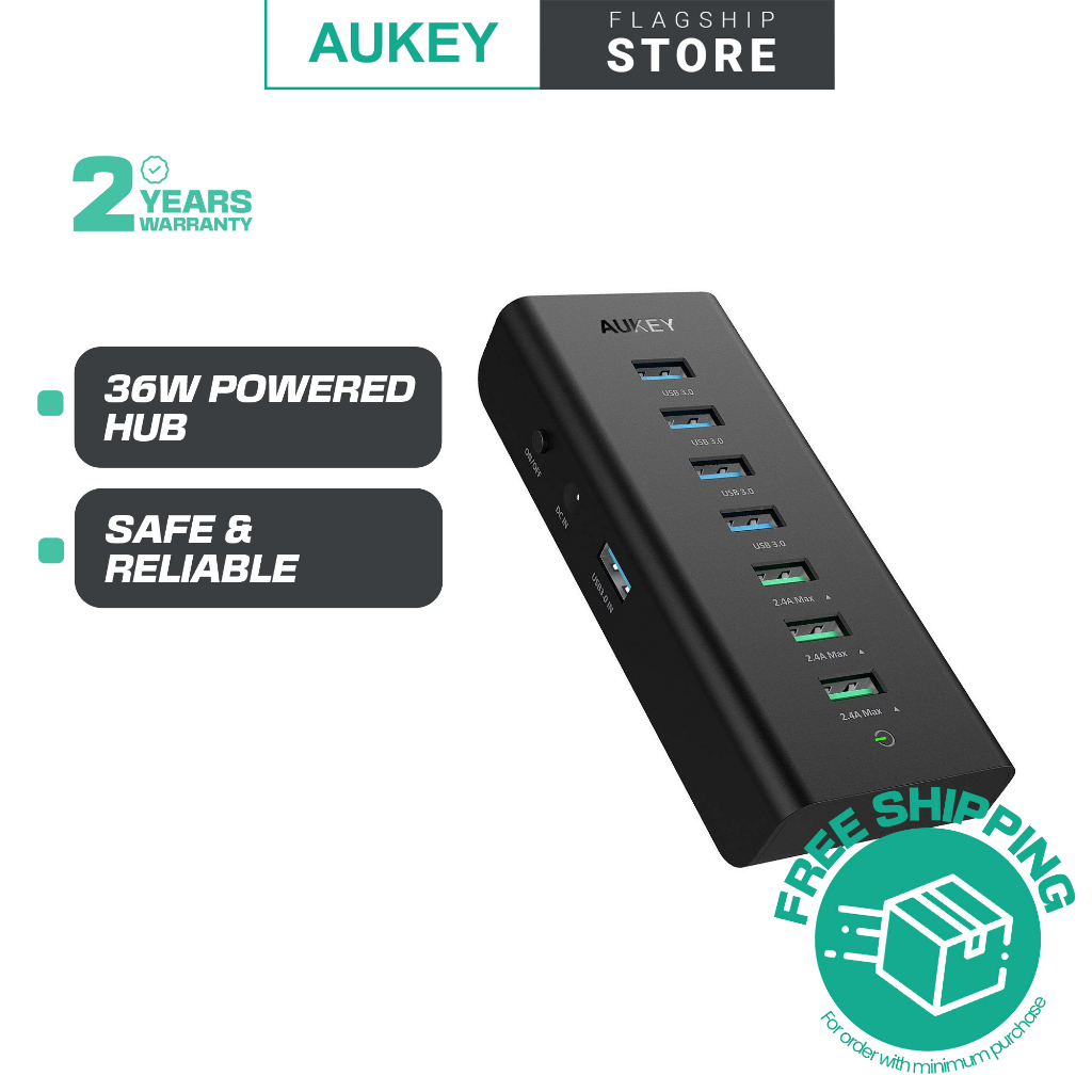 Aukey CB-H19 Powered USB Hub with 3 Charging Ports and 4 USB 3.0 Data ...