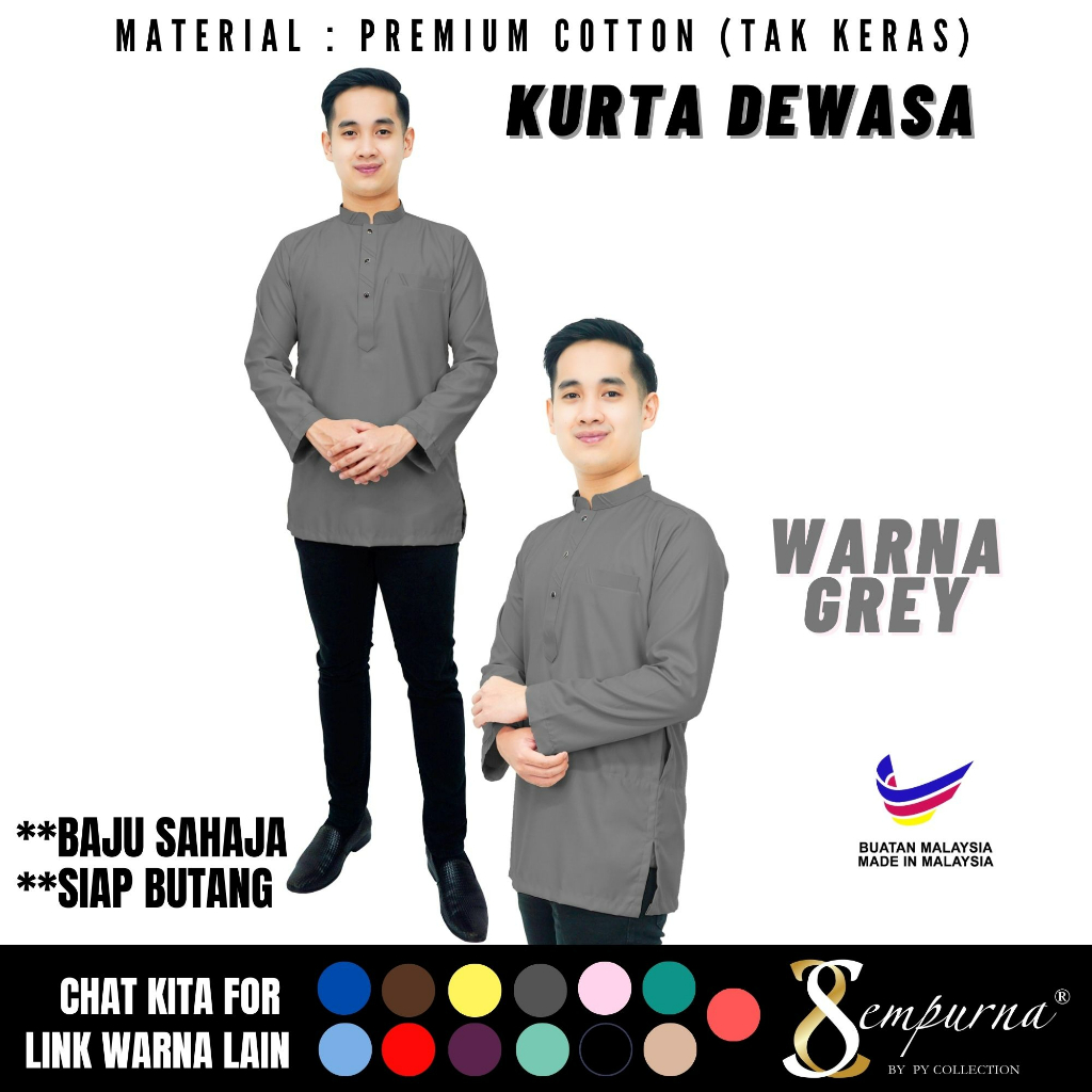 READY STOCK ~ KURTA WARNA GREY / KELABU SLIM FIT KAIN COTTON DEWASA ...