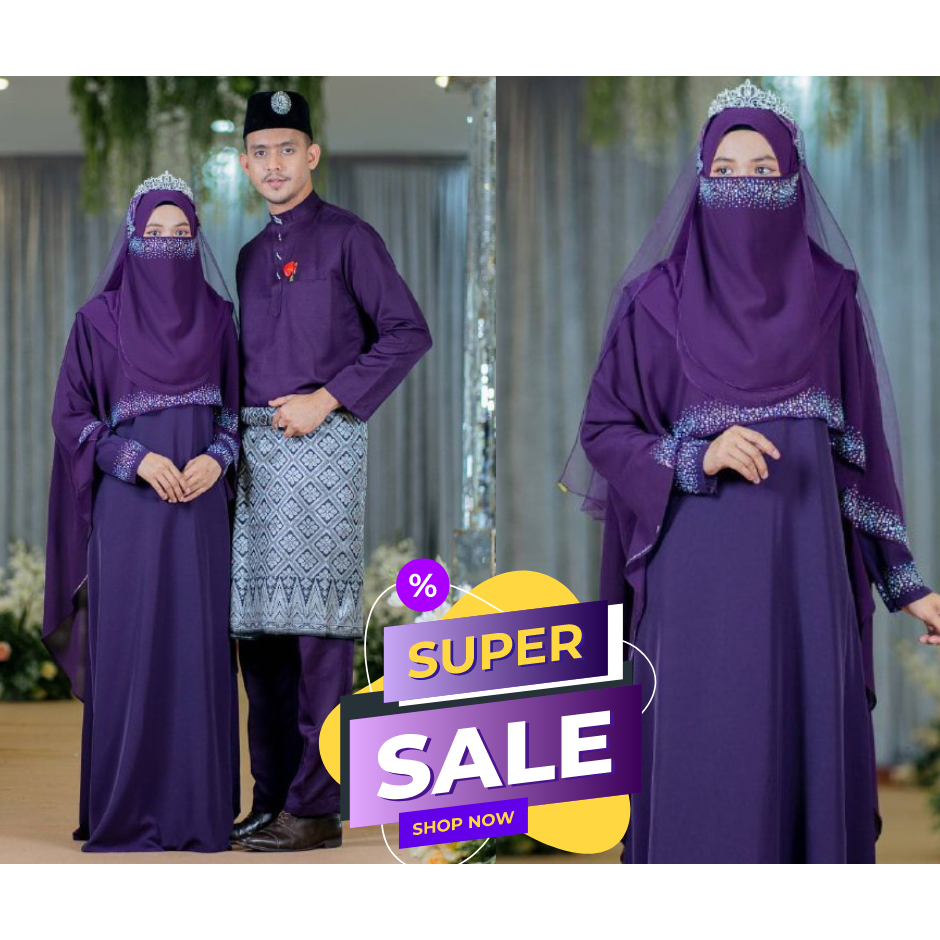 BAJU DRESS | BAJU JUBAH Bridal Set Ratu Arab In DARK PURPLE | Full set ...