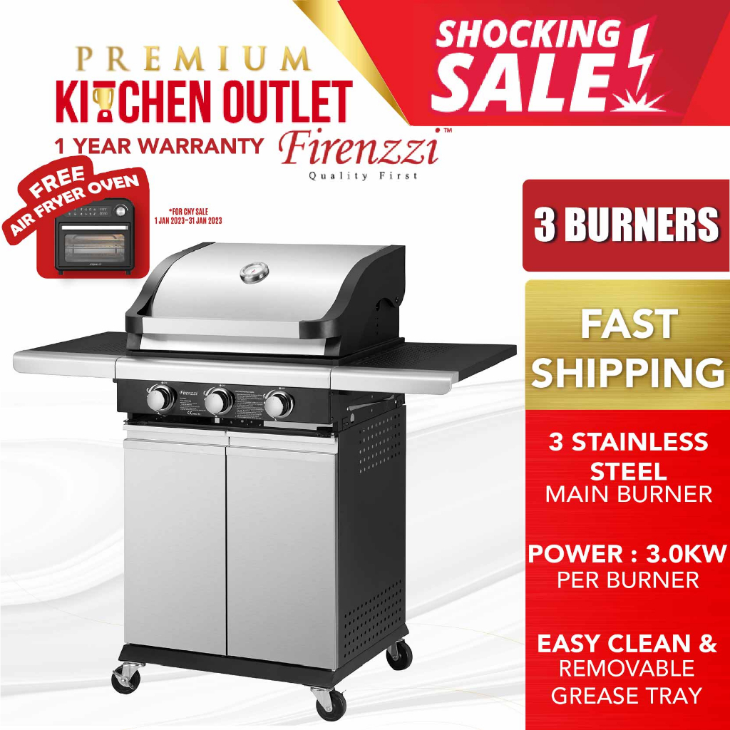 【Free 10L Air Fryer Oven】Firenzzi 3 Burners Outdoor Stainless Steel Bbq ...