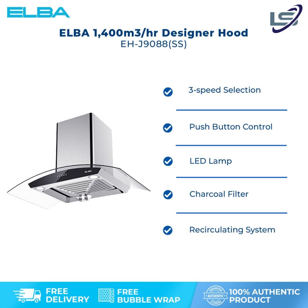 ELBA 1,400m3/hr Designer Hood EH-J9088(SS) | 3-speed Selection | Push Button Control | LED Lamp ...