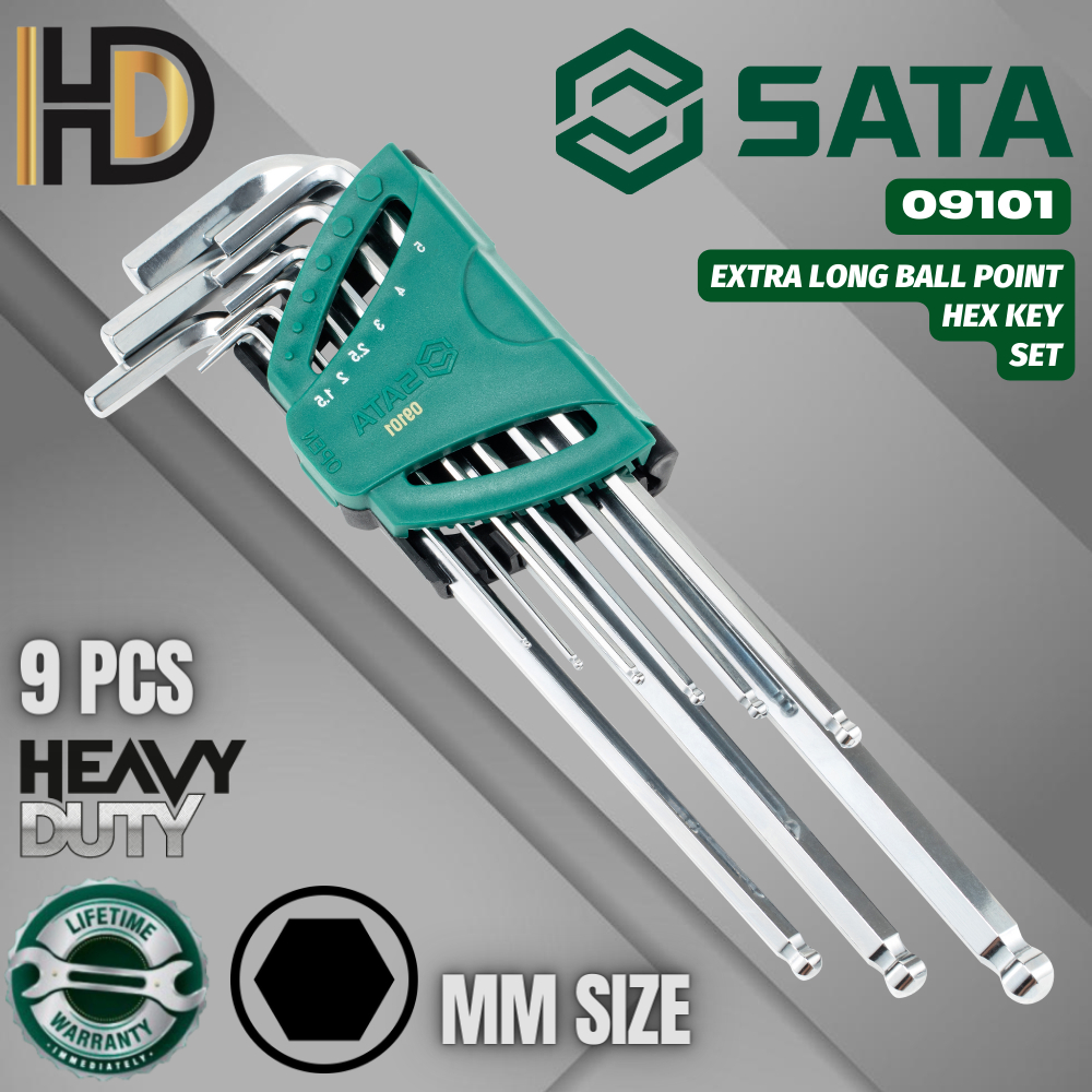 SATA 9 pcs Extra Long Ball Point Hex Key Set / 09101 / Heavy Duty Hex ...