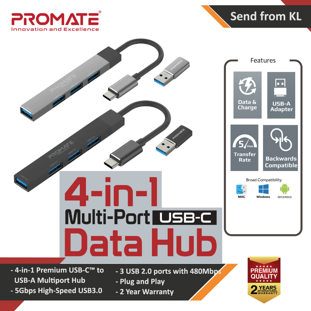 Promate Aluminum 4-in-1 USB USB-C Hub Type-C Sync Charge 5Gbps USB 3.0 ...