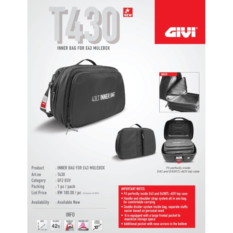 GIVI INNER BAG FOR E43NTL E43NTL-ADV BOX -T430 SOFT BAG (42 LITER ...