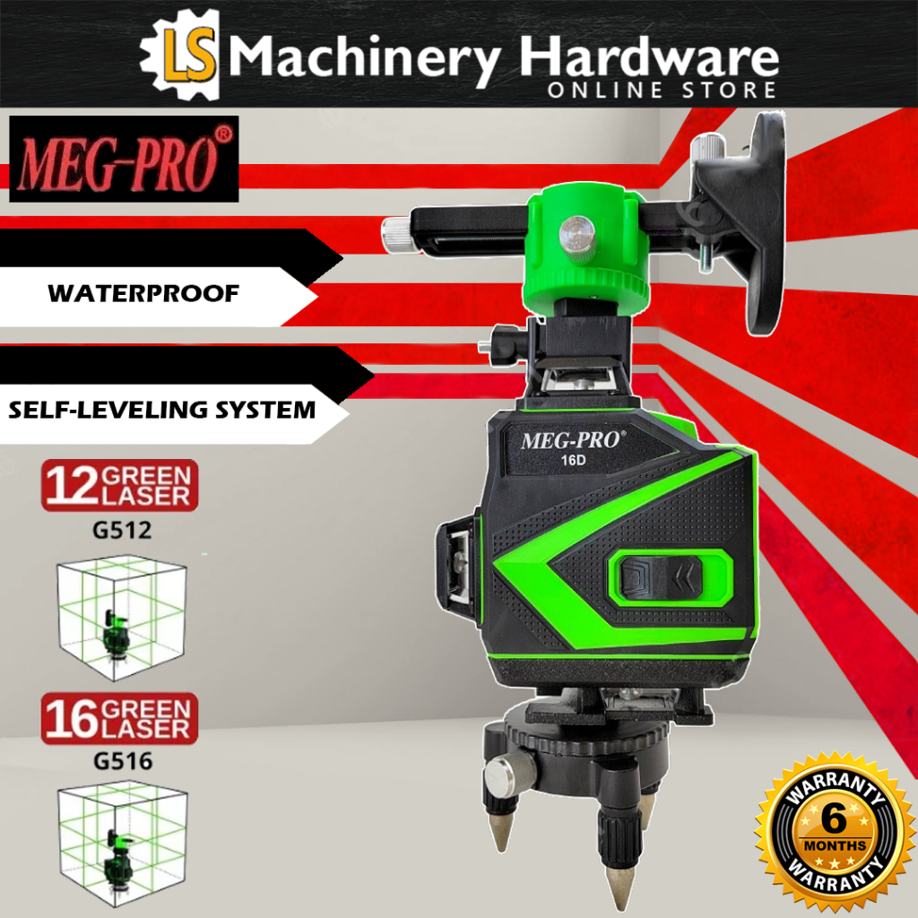 MEG PRO 360° Rotary 3D Green Laser Level 12/16 Lines Self Leveling ...