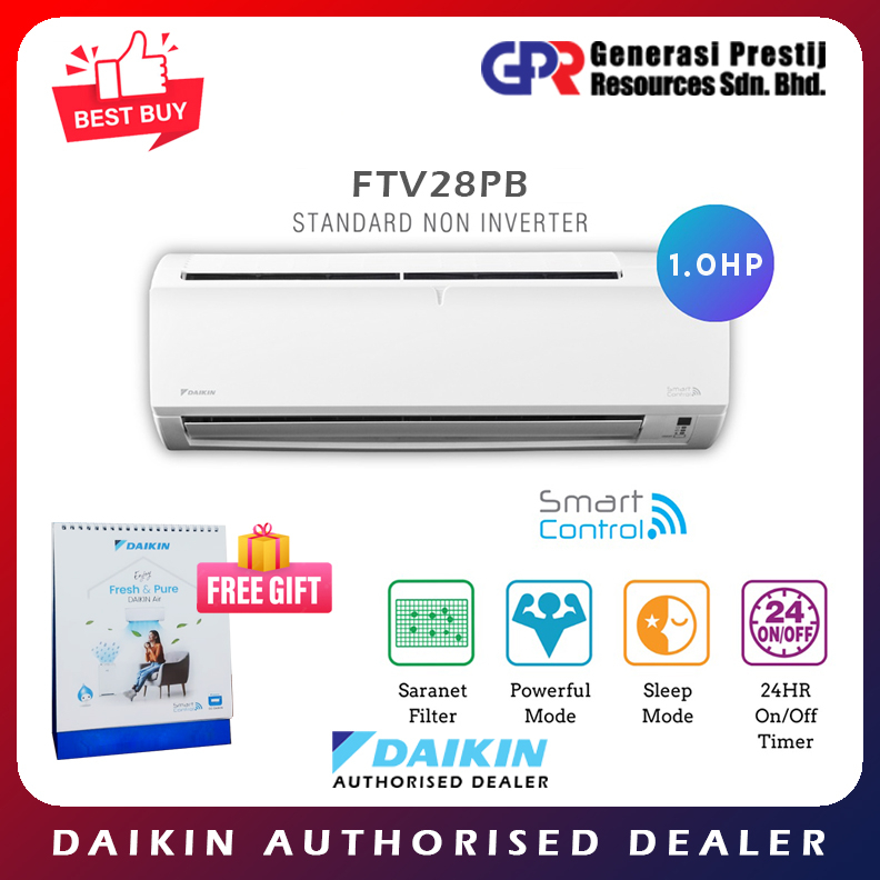 Daikin [ WIFI ] R32 Non-Inverter Smart Control Air Conditioner - 1.0HP FTV28PB +FREE GIFT DAIKIN ...