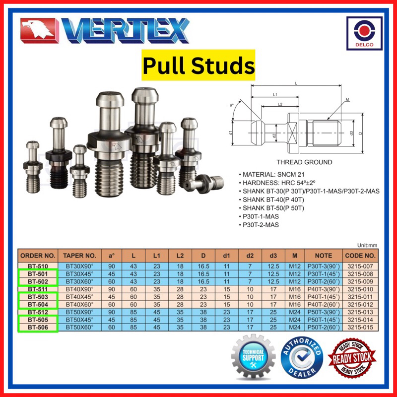 VERTEX TAIWAN PULL STUDS BT40 BT50 - 45degree 60 degree | Shopee Malaysia