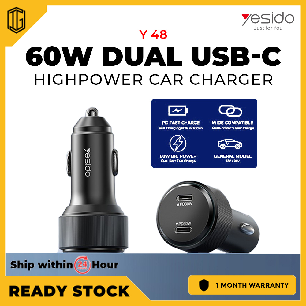 YESIDO Y48 60W Dual USB-C High Power Car Charger PD Fast Charge Wide Compatible Smart Control ...