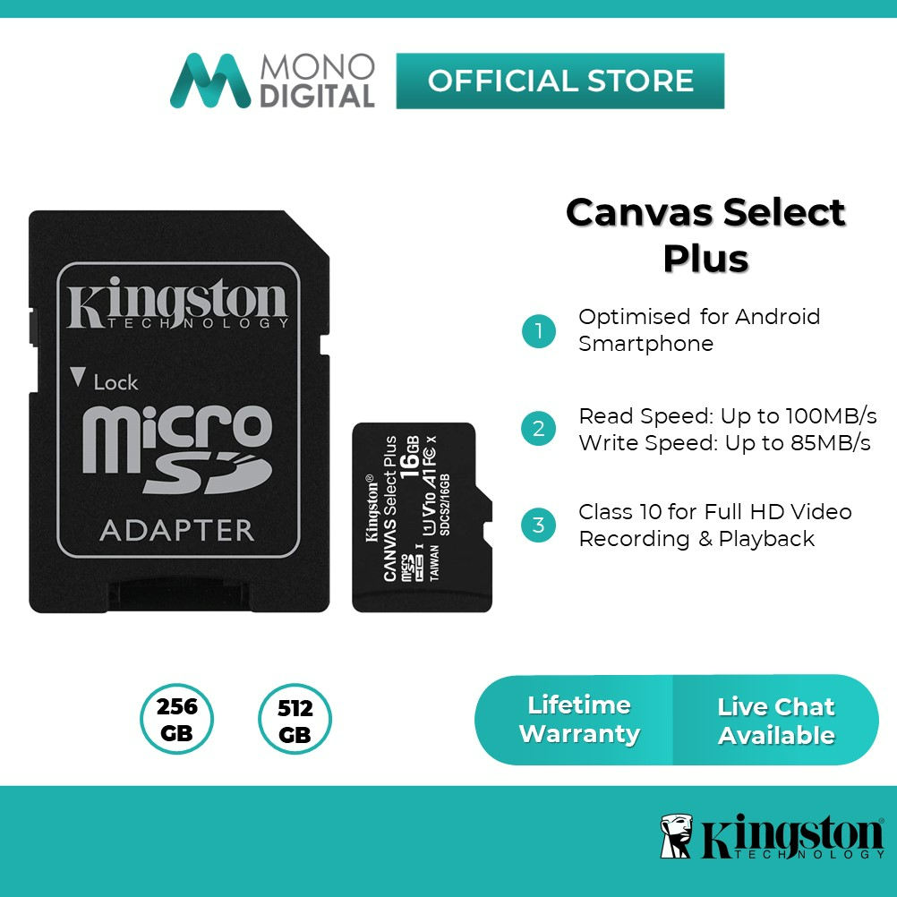 KINGSTON SDCS2 / SDCS3 CANVAS SELECT PLUS MICRO SD MEMORY CARD WITH ANDROID A1 PERFORMANCE CLASS ...
