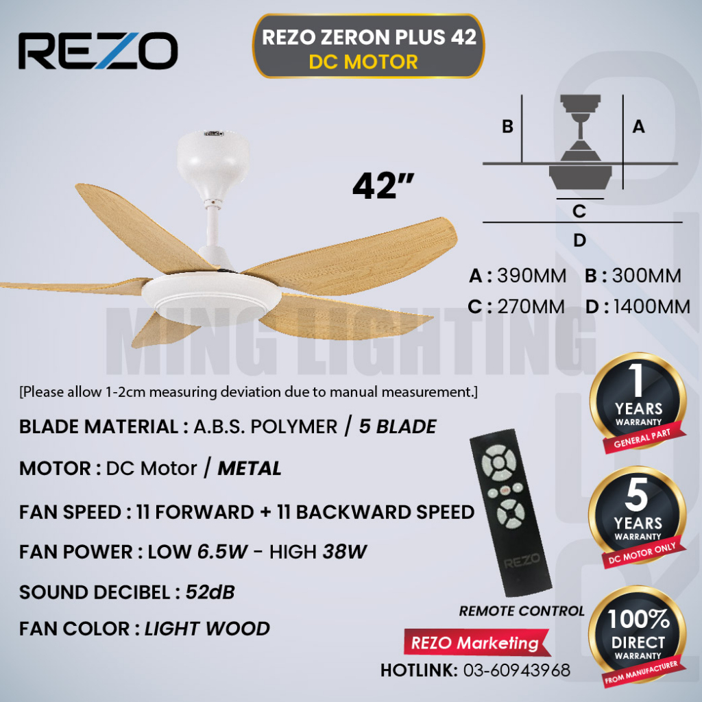 (Sirim) REZO Ceiling Fan ZERON PLUS 42 Classic Series DC Motor Remote ...