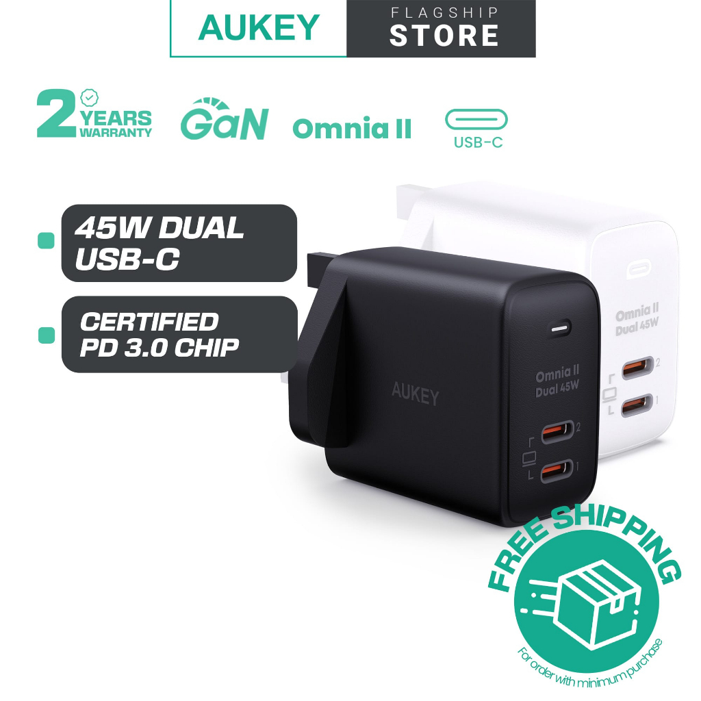 Aukey PA-B4T Omnia ll 45W 2 USB C Port PD Charge GaN Fast Technology Charger | Shopee Malaysia