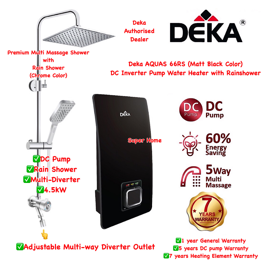 Deka Water Heater AQUAS 66RS with Rain Shower DC Inverter Booster Pump ...