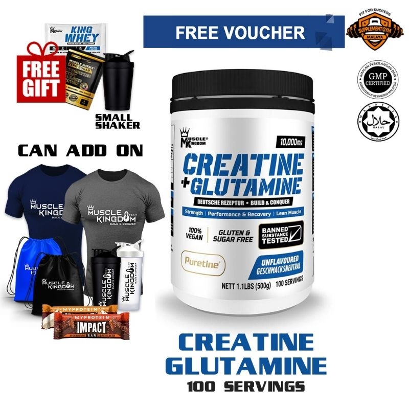 MUSCLE KINGDOM CREATINE MONOHYDRATE + GLUTAMINE 500g ( 100 serving ...