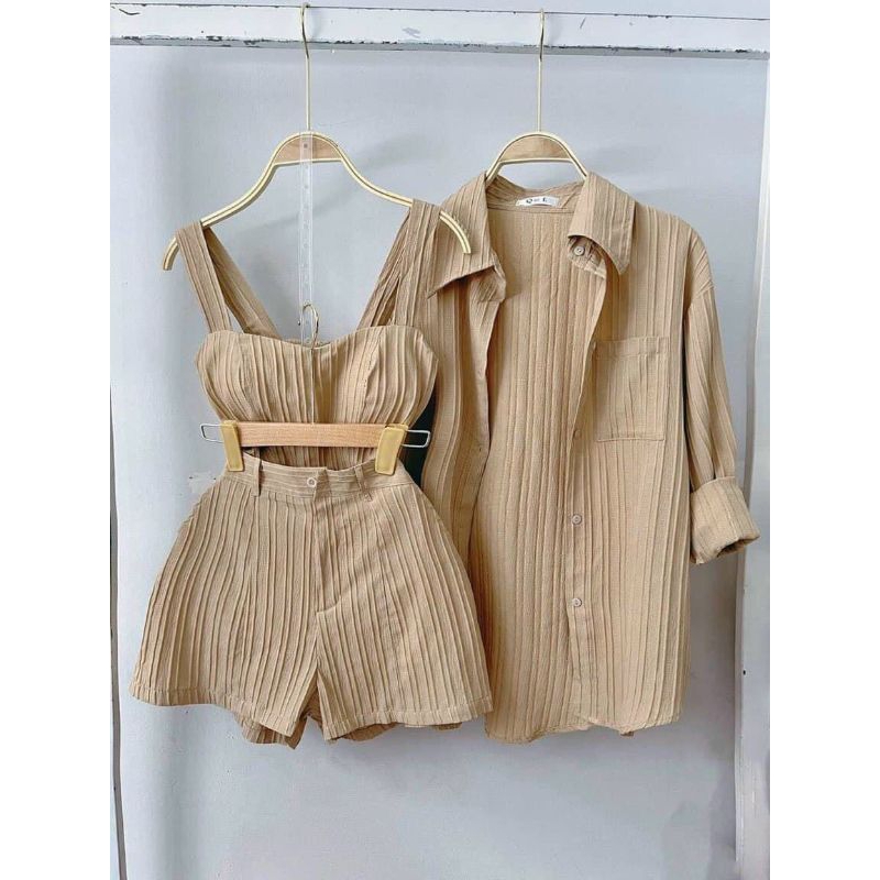 3 in 1 set - Padded Crop top + Long Sleeve blouse and Short Set ...