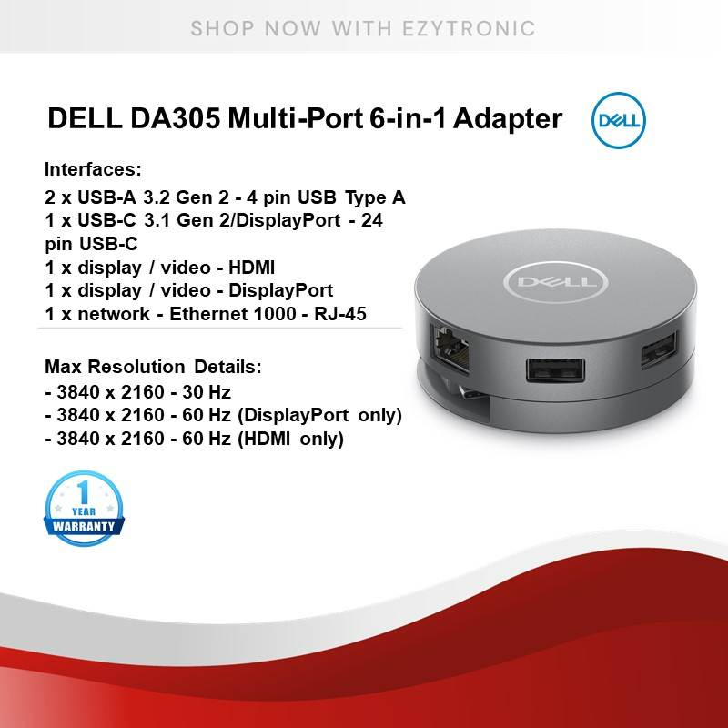 DELL DA305 6-in-1 USB-C Multiport Adapter 4K DISPLAY PORT GIGABIT ...