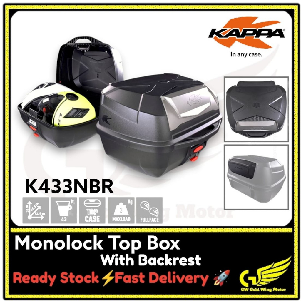 KAPPA TOP BOX K433NBR REAR MONOLOCK WITH BACKREST TOP CASE K433N 43L ...