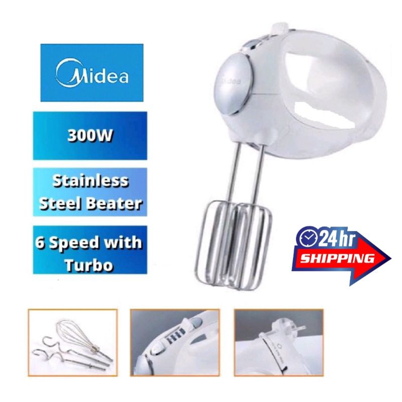 Midea Hand Mixer 6 Speed Turbo Function 2 Hooks 2 Whisk 300W HM0273 ...
