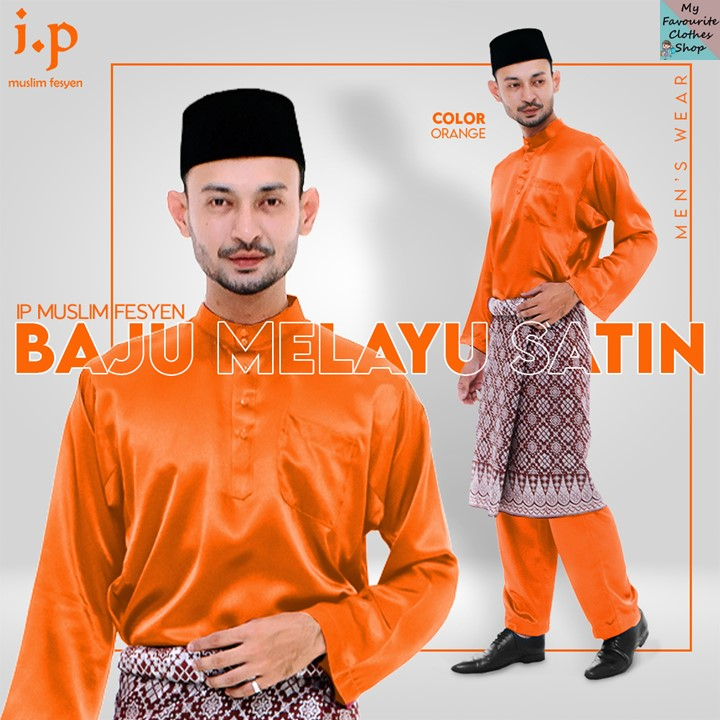 I.P MUSLIM BAJU RAYA 2023 BAJU MELAYU SATIN PASANG FIRE ORANGE | Shopee ...