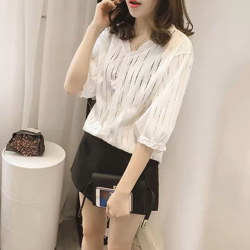 women's big size shirt women's summer 7-point sleeve lace loose belly ...