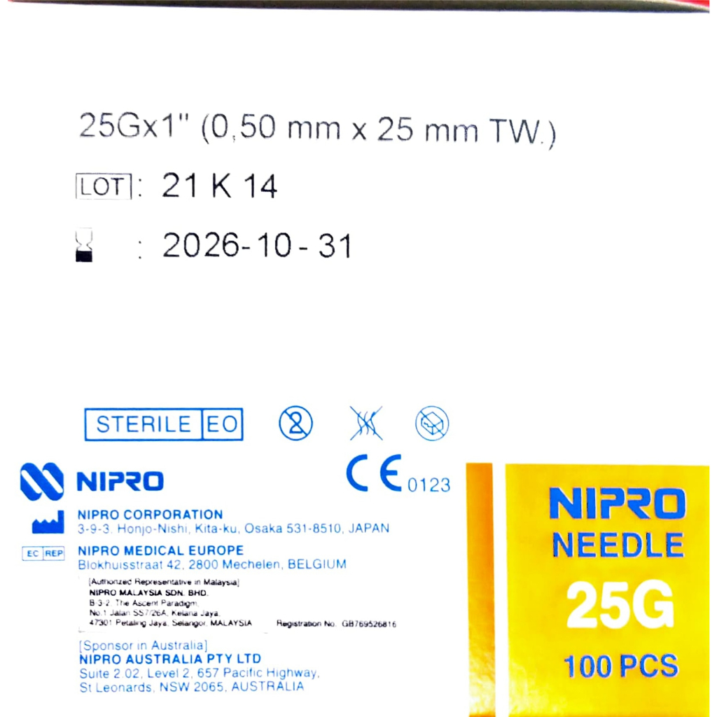 NIPRO NEEDLE 25G X 1 INCH (25MM) - 100PCS/BOX 20BOXES/CARTON EXPIRY 2026 READY STOCK | Shopee ...