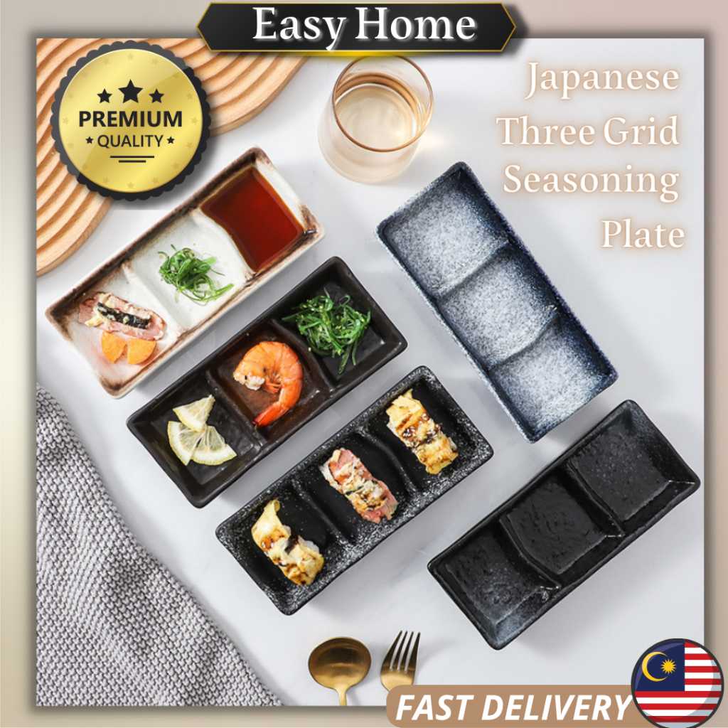 【EasyHome】Dining Japanese Ceramic Three Grid Dish Rectangle Sushi Plate ...