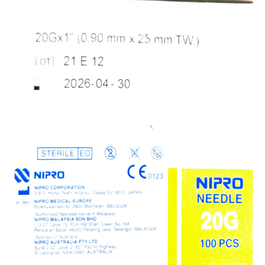 NIPRO STERILE MEDICAL NEEDLE 20G X 1 INCH (25MM) - 100's ( 5 BOXES + 1 ...