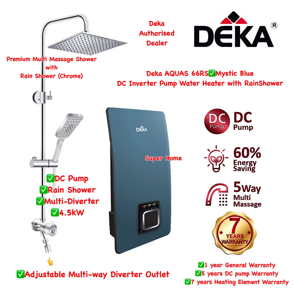 Deka Water Heater AQUAS 66RS with Rain Shower DC Inverter Booster Pump ...