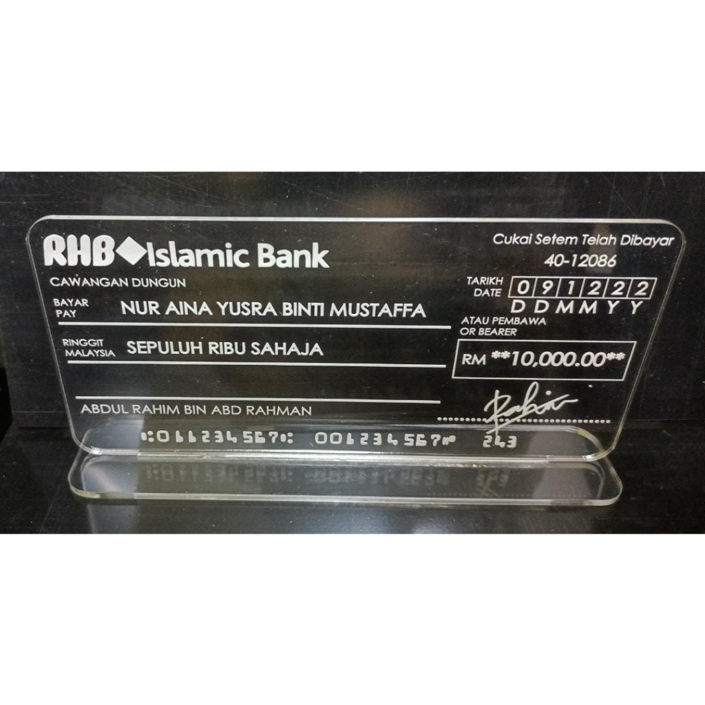 Replika check, mockup cheque, cheque (plate clear tulisan putih ...