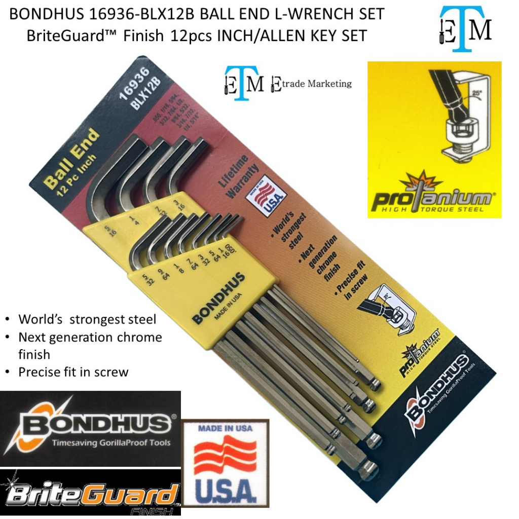 BONDHUS 16936-BLX12B BALL END L-WRENCH SET BriteGuard™ Finish 12pcs ...
