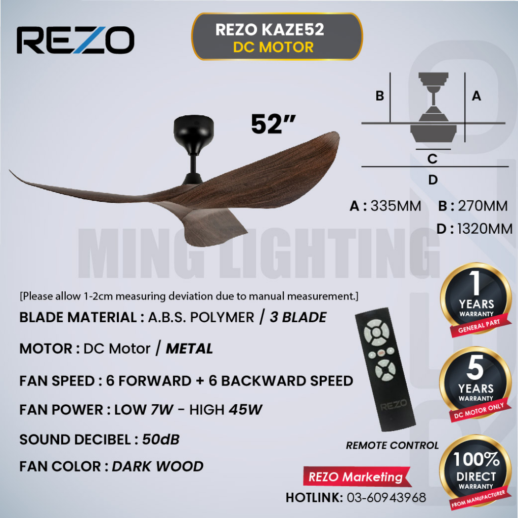 (Sirim) REZO Ceiling Fan KAZE 52 Signature Model DC Motor Remote ...