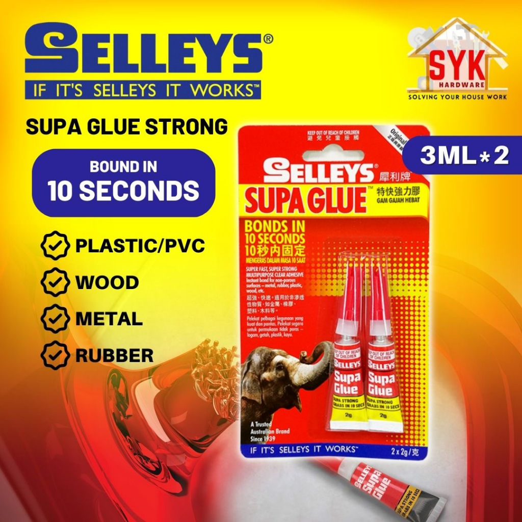SYK Selleys Supa Glue 3ml x 2 Super Glue Strong For Repair Gam Gajah ...