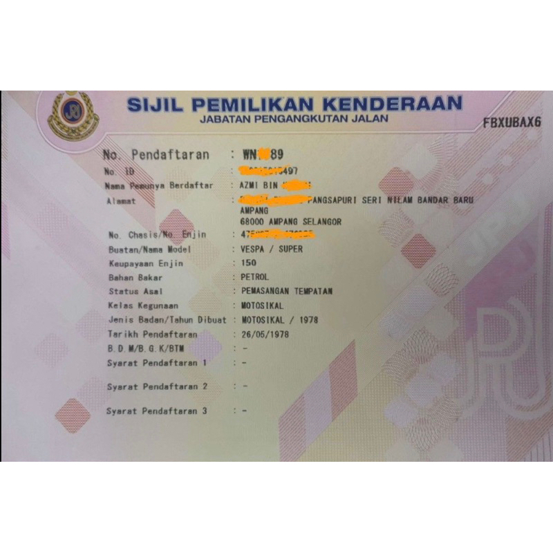 geran / gerant / sijil pemilikan kenderaan jpj vespa super untuk dijual ...