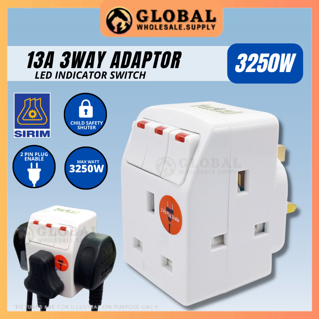 [READY STOCK] SIRIM 13A 3 Way Multi Adapter 3 Pin Adaptor Easy 2 Pin ...