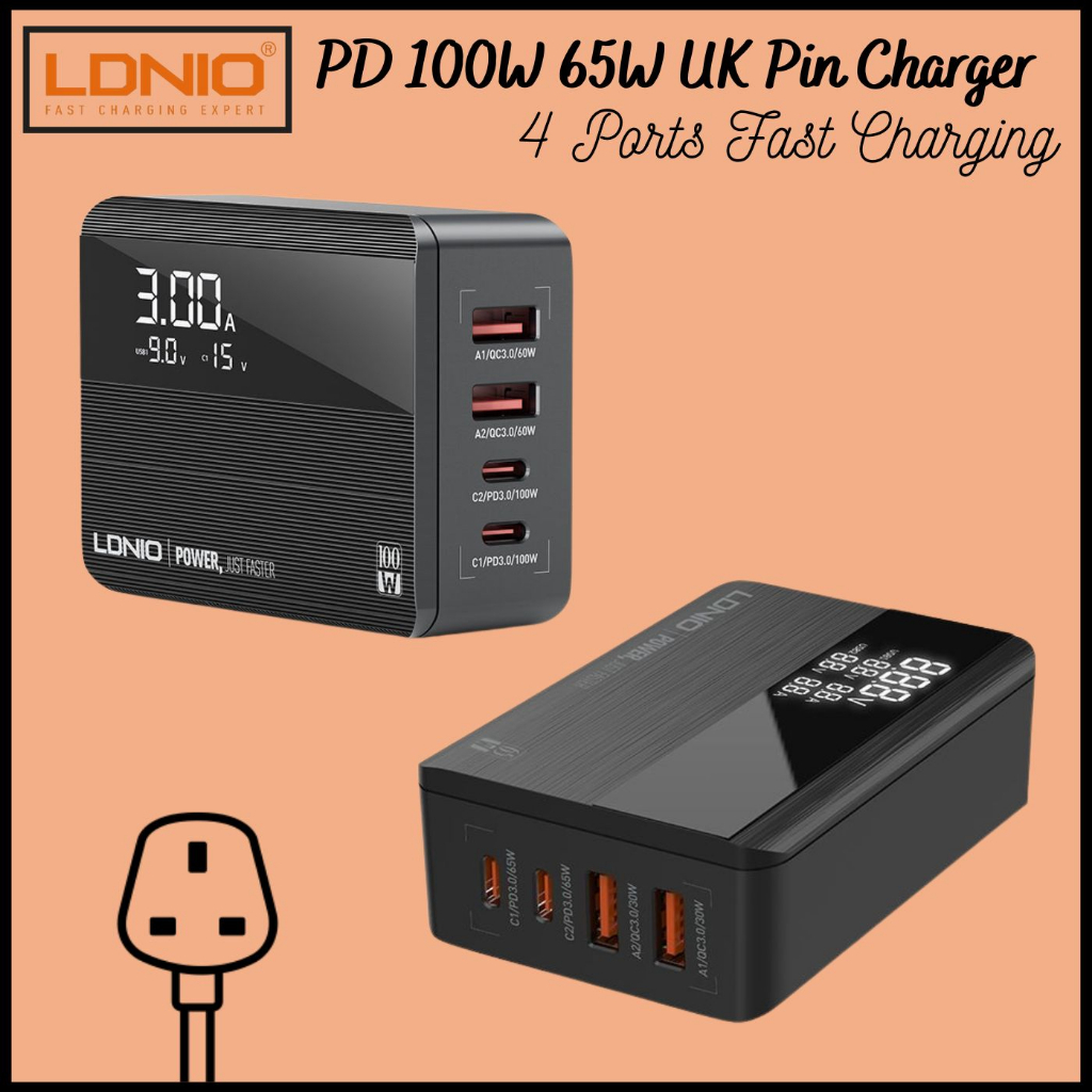LDNIO 100W 65W PD Fast Charger for laptop and Mobile Phone with 2 USB-C Ports+2 USBA Ports Fast ...