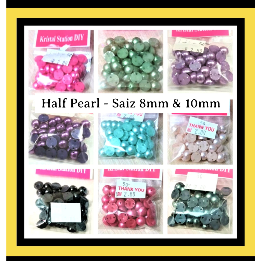 Manik Beads Half Round Abs Pearl (Saiz 8mm 50pcs & 10mm 40pcs), Manik ...