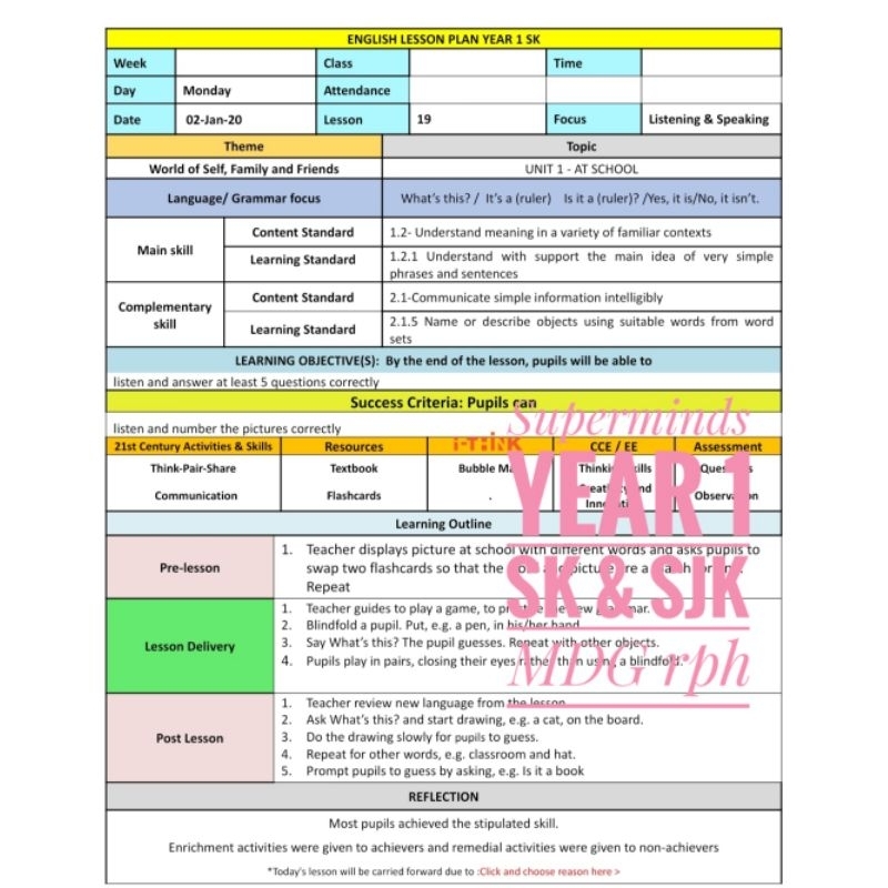 YEAR 1 RPH / LESSON PLAN BAHASA INGGERIS SK & SJK (SOFTCOPY) | Shopee ...