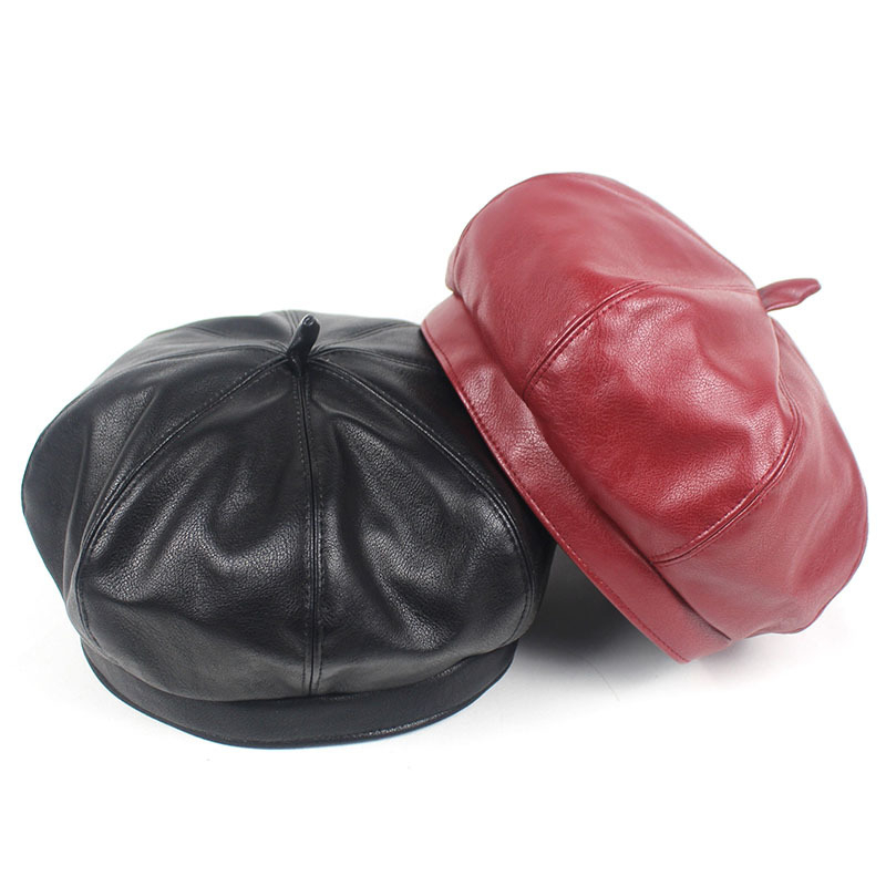 Korean Style Women PU Beret Hats Girls PU leather Autumn Winter Beret ...