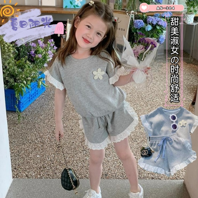 女童蕾丝花边韩版短袖套装 AS-304 Girls lace lace Korean version short-sleeved suit ...
