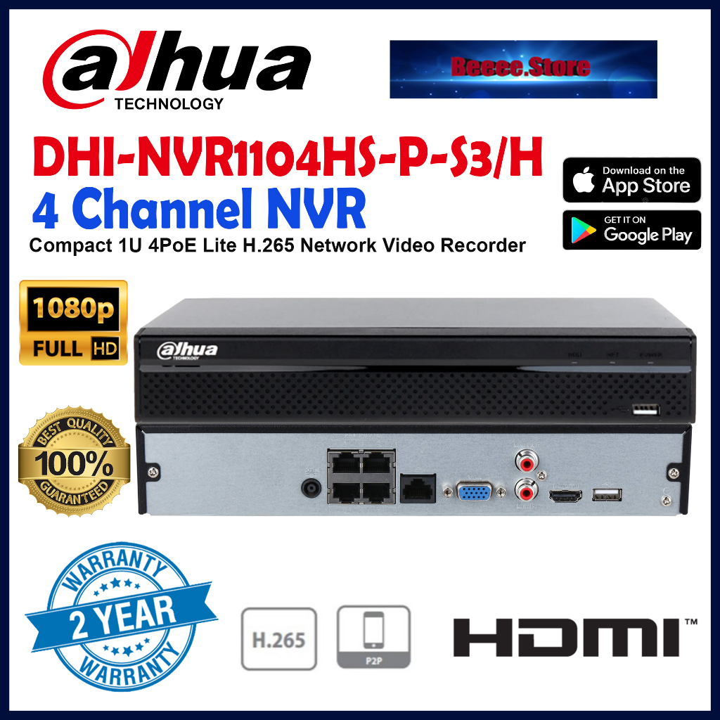 Dahua CCTV NVR 4 Channel Compact 1U 4PoE Lite H.265 Network Video ...