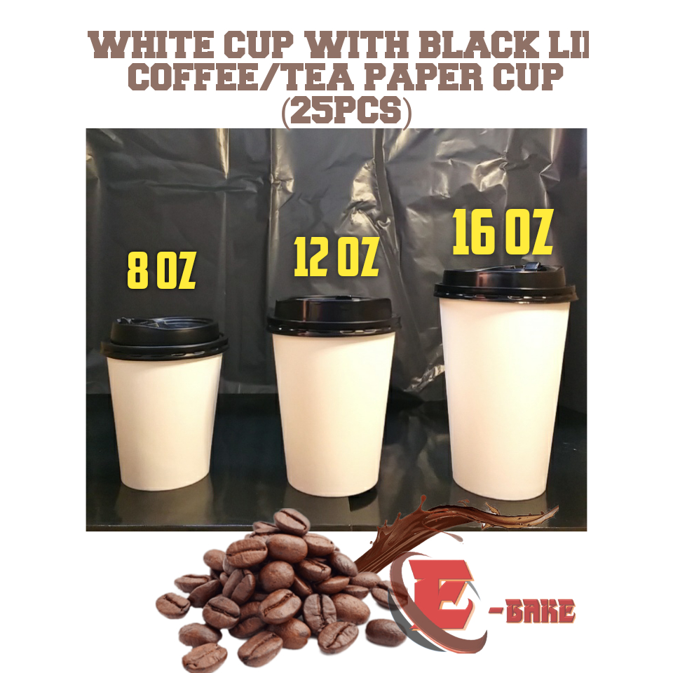 25PCS KOPI /TEH CAWAN KERTAS CAWAN KERTAS PUTIH BERTUDUNG HITAM | 8 OZ ...