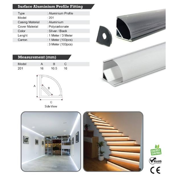 Aluminium Profile LED Strip Casing Diffuser Cover Housing 3Meter (Black ...