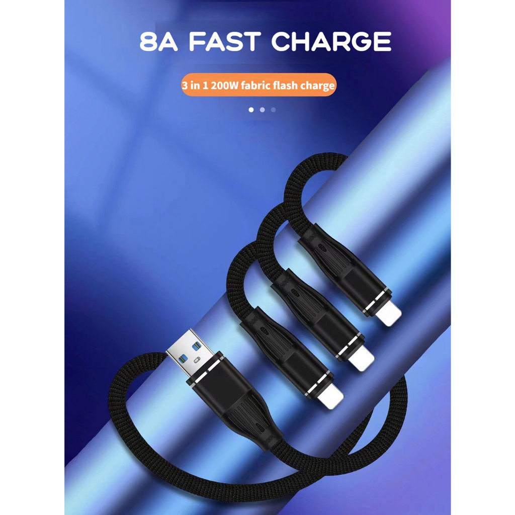 200W 8A Super Fast Charger 3 in 1 Cable Micro Usb / Type-C / iP Phone Cable1.2M USB Cable ...