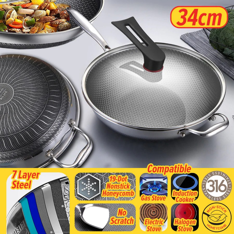 Tollo_regina [304/316] Non-stick Wok 316 Stainless Steel Kuali Honeycomb wok Double Full Screen ...