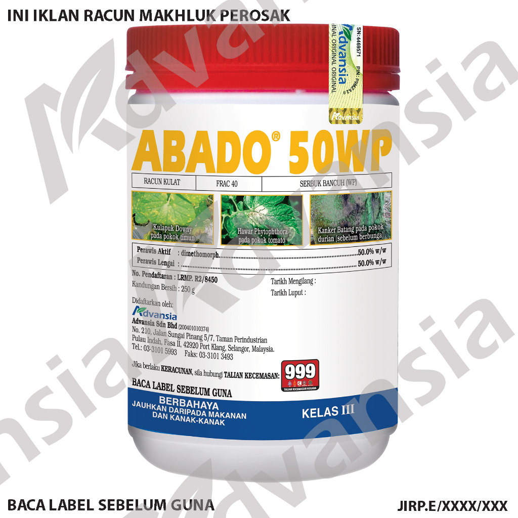 ABADO 50WP/ Racun Kulat/ dimethomorph 50.0% w/w/ Kulapuk Downy/ Hawar ...