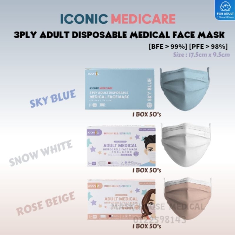 ICONIC MEDICARE SIGNATURE 3 PLY MEDICAL DISPOSABLE FACE MASK 50PCS ...