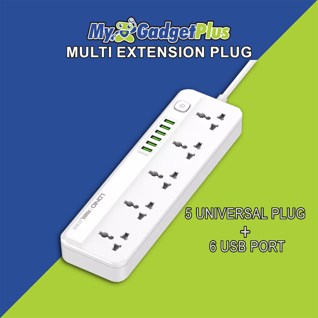 LDNIO Extension Multi Plug with 5 Socket Outlets and 6 USB AUTO-ID & QC ...